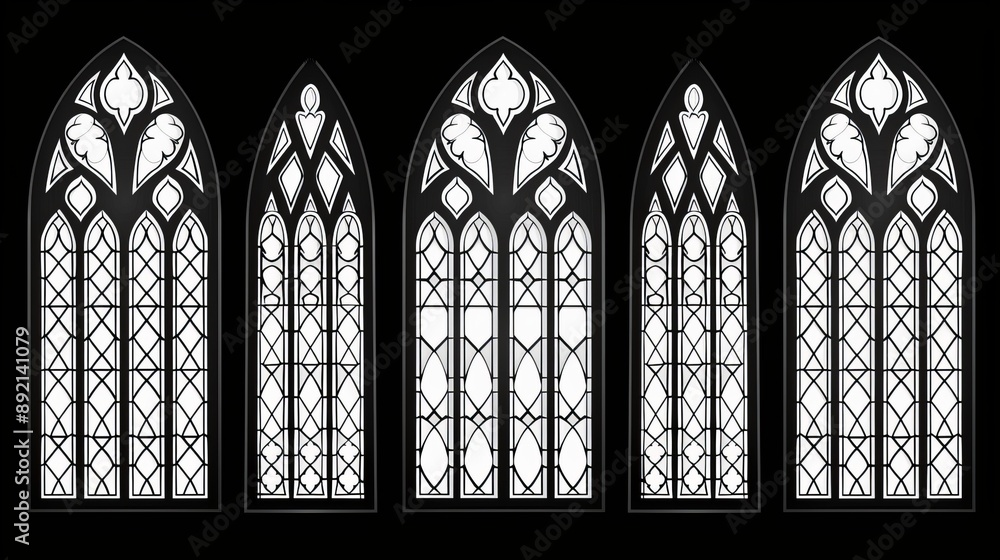 Gothic church windows in a classic glyph style. Silhouettes of arched ...