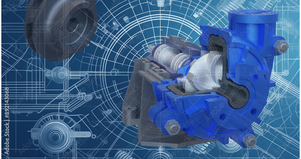Centrifugal pump on a blueprint background; pump shaft, impeller, gears ...