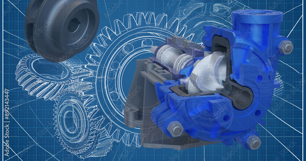 Centrifugal pump on a blueprint background; pump shaft, impeller, gears ...