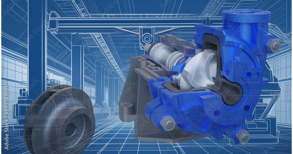 Centrifugal pump on a blueprint background; pump shaft, impeller, gears ...