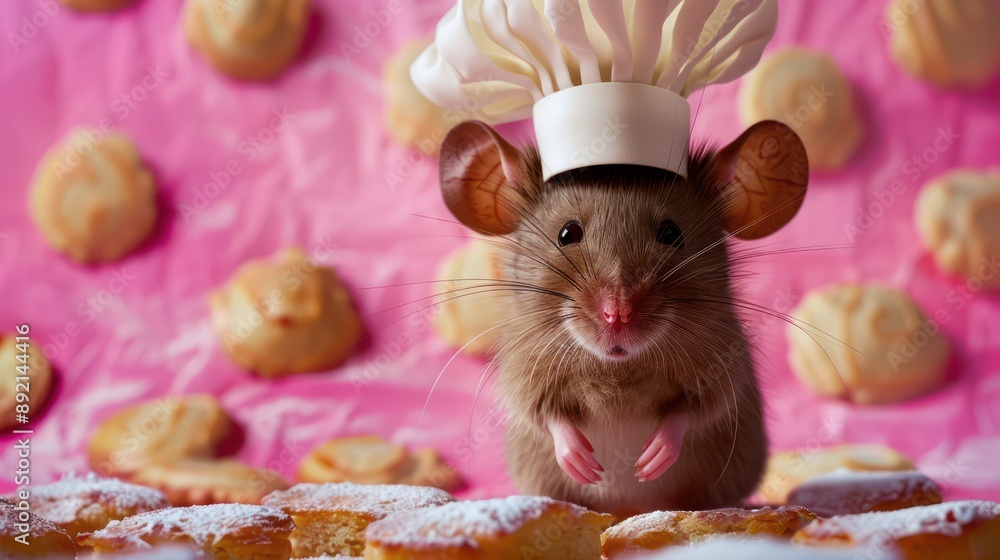 mouse as a baker, with a chef's cap against a pastry pink backdrop ...