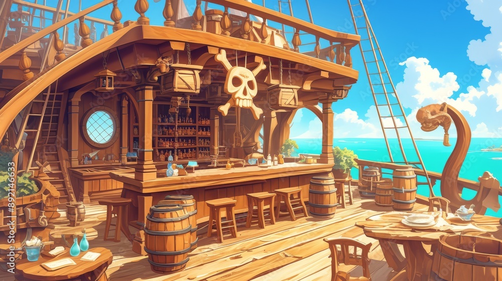 Cartoon Pirate Bar on Ship with Wooden Barrels. Stock Illustration ...