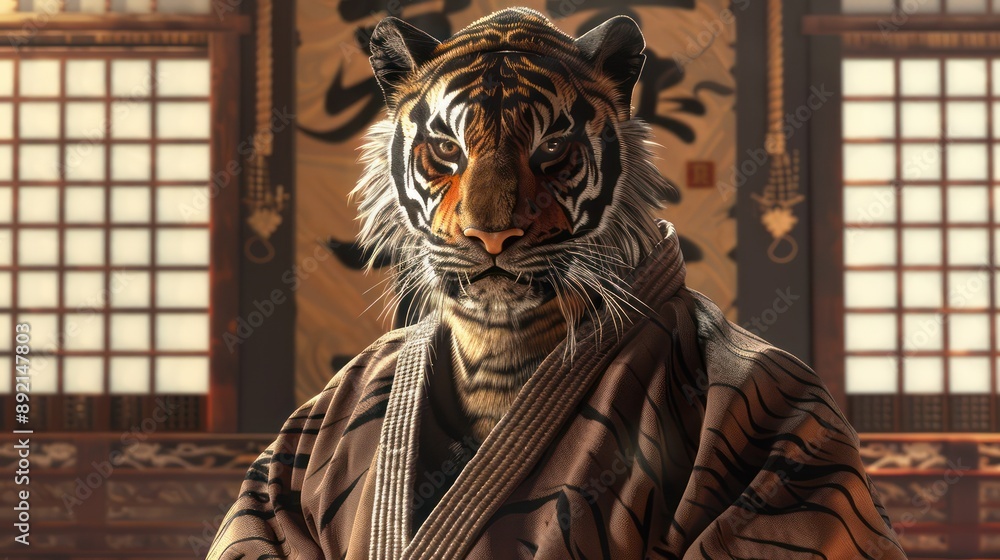 tiger as a martial arts instructor, in a dojo, on a traditional martial ...