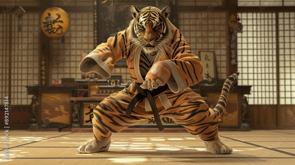 tiger as a martial arts instructor, in a dojo, on a traditional martial ...
