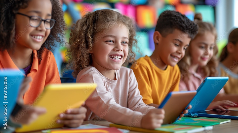 A diverse group of elementary school children engaging in a fun and ...