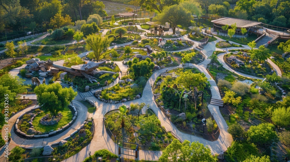 Aerial view of an open zoo with diverse animal habitats, winding paths ...