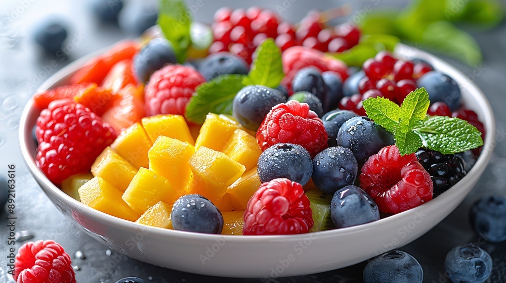 Assorted fruit tossed in a bowl, separated from a white backdrop. Stock ...