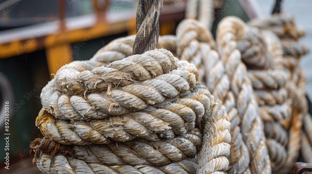 Weathered marine ropes in port. Tattered vessel cordage. Huge maritime ...