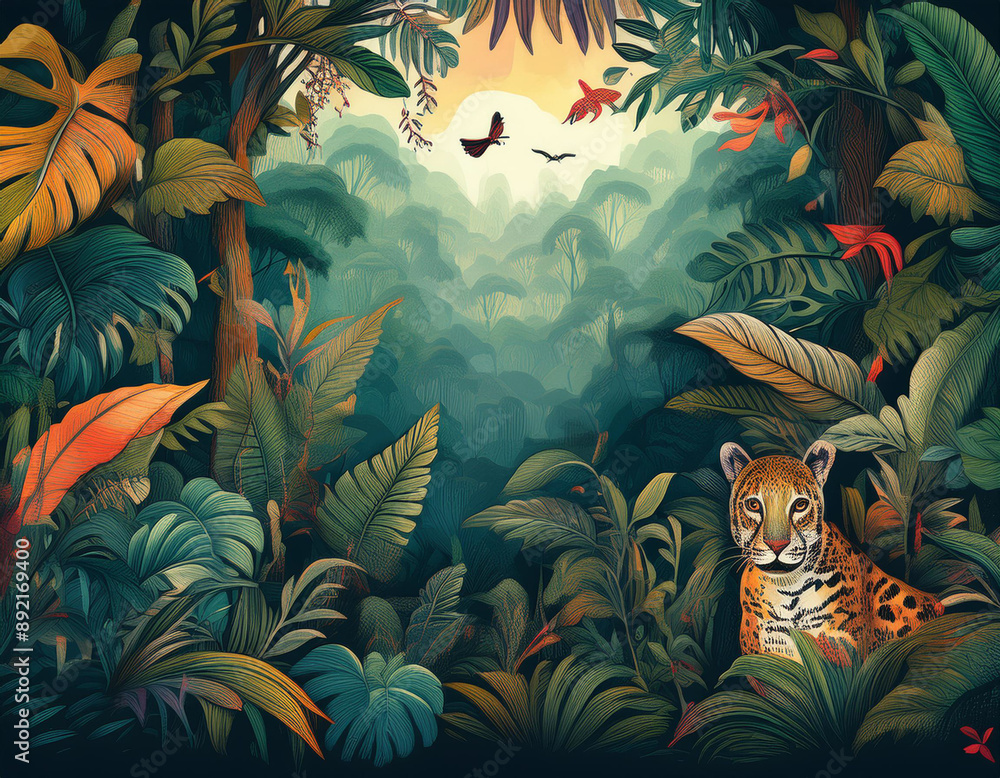 Dense Jungle Illustration with Overlapping Leaves and Hidden Animals ...