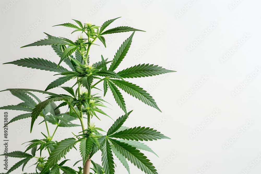 Close up of a cannabis plant with blooming buds and leaves against a ...