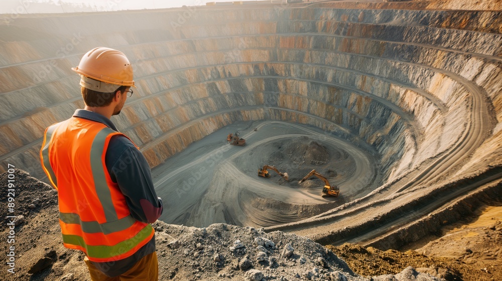 Mining engineer inspecting massive open-pit mine, overseeing the ...
