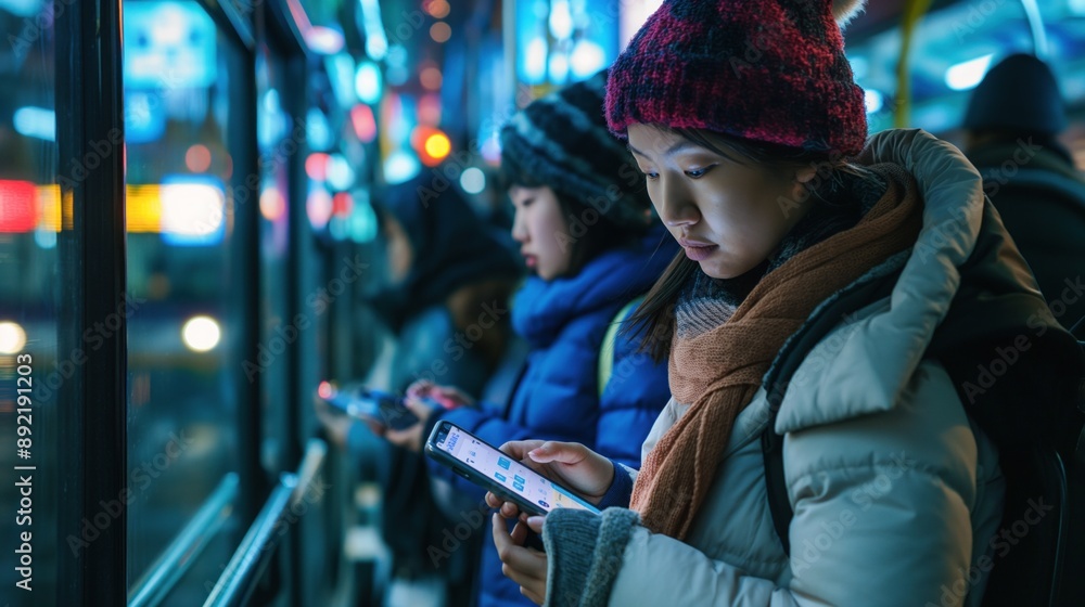 Passengers using an app to check bus schedules, reflecting the ...
