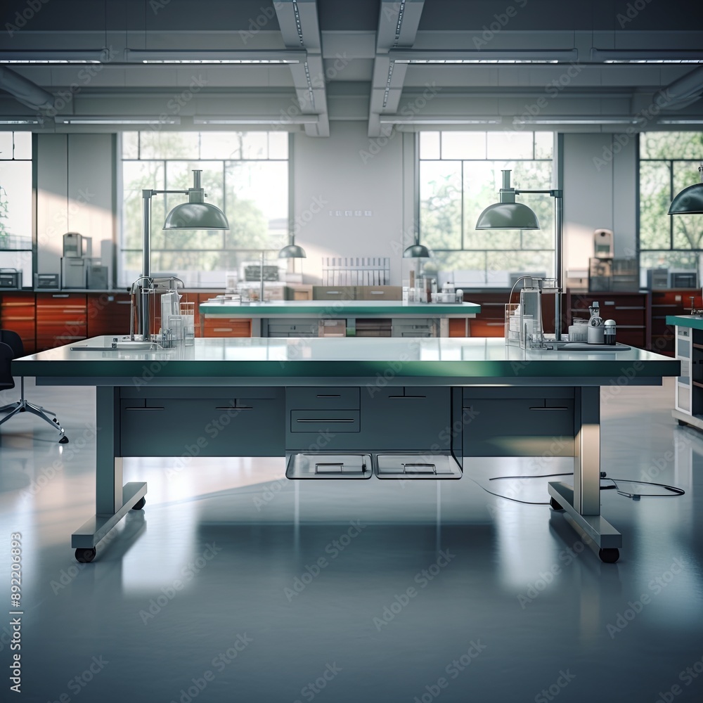 Modern laboratory with glassware, equipment, stainless steel tables ...