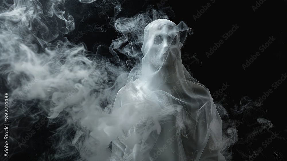A ghostly white figure shrouded in smoke against a deep black ...