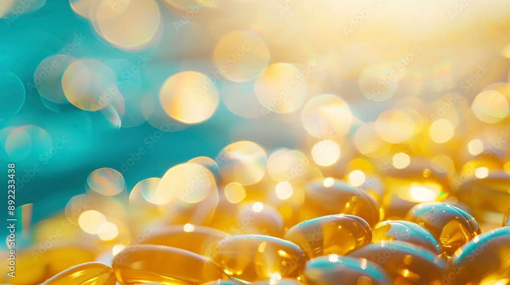 Vitamin capsules tablets in sunshine, sunlight on yellow background ...