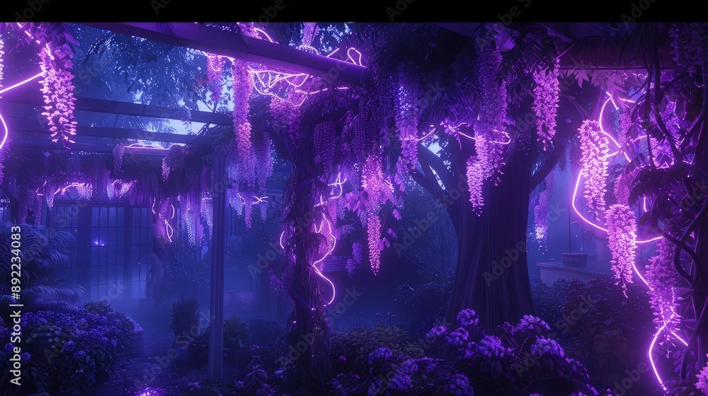 A mystical setting where gentle lavender neon lights trace the delicate ...