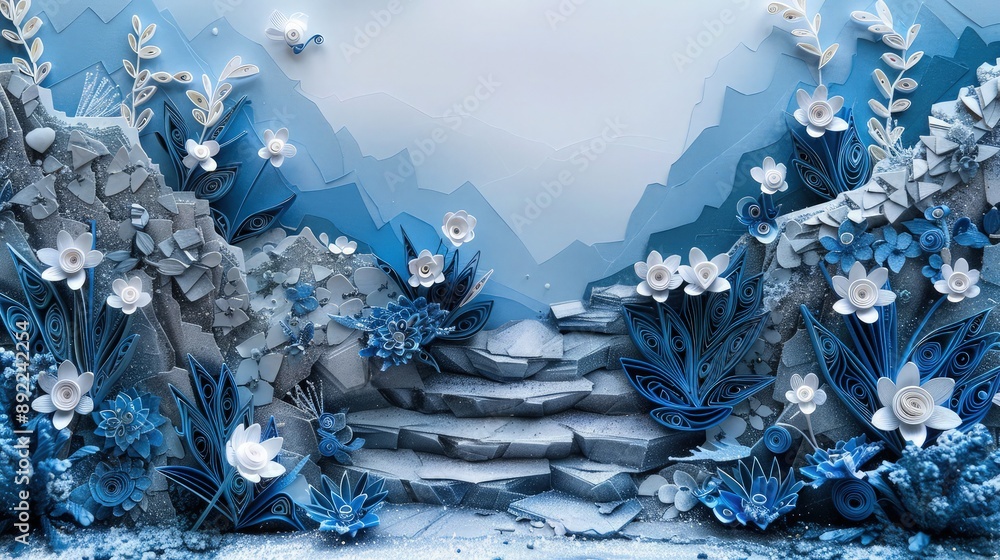 A rustic paper quilling scene of a mountain retreat with a rugged ...