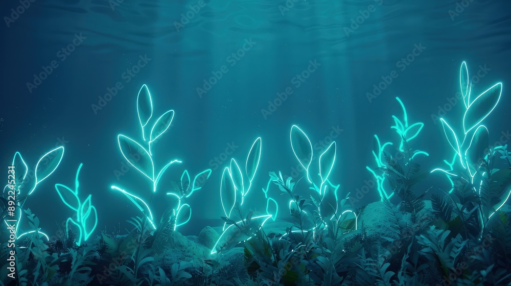 A serene underwater seascape where soft turquoise neon lights outline ...