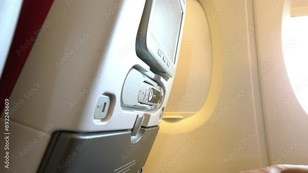 A person is touching a screen on an airplane seat. The screen is ...