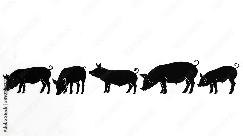 Row of pig silhouettes. Black outlines of swine in different poses ...