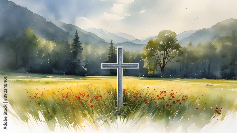 Cross in the field, cross in the field under the sunshine, holy spirit ...
