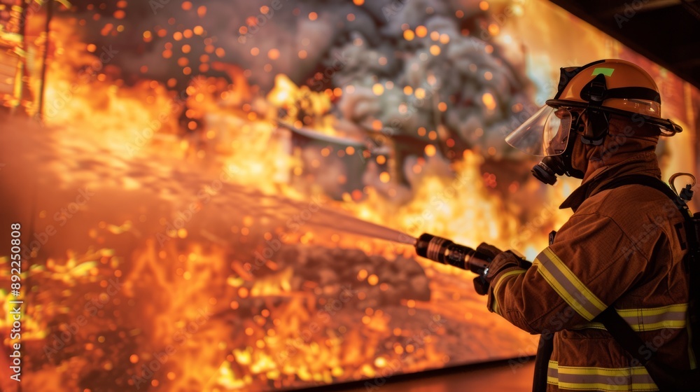 Brave firefighter battling a massive blaze during a dangerous emergency ...