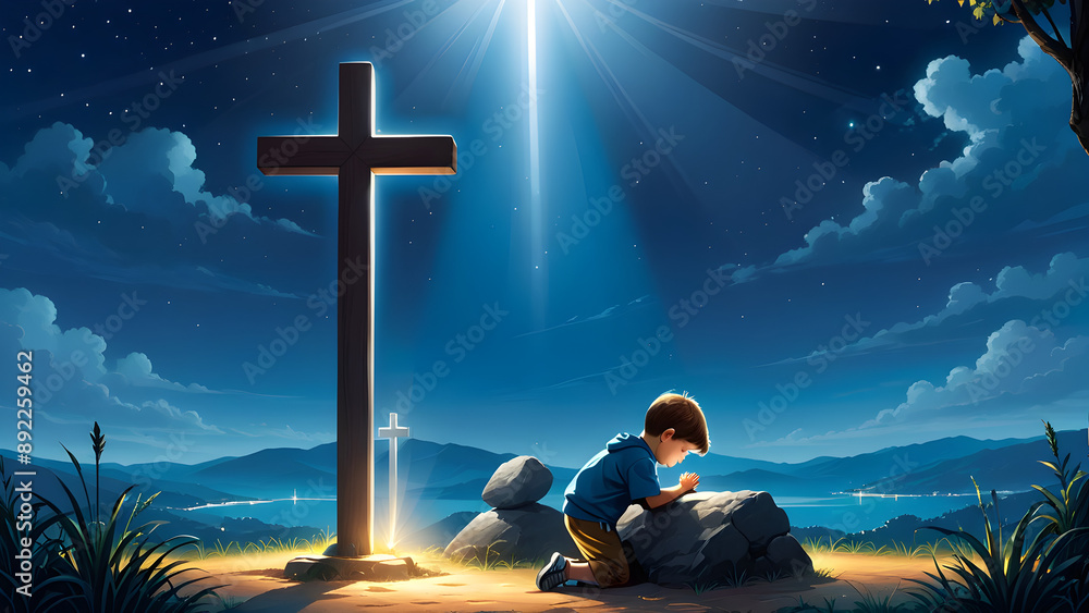 Little boy is praying hard for God in front of cross, bible story ...