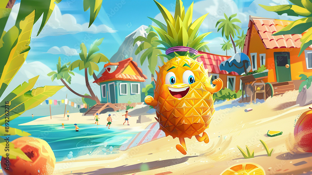 A cheerful animated pineapple with a face and limbs, running on a beach ...