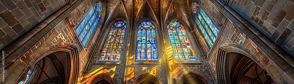 Gothic cathedral with pointed arches and stained glass windows casting ...