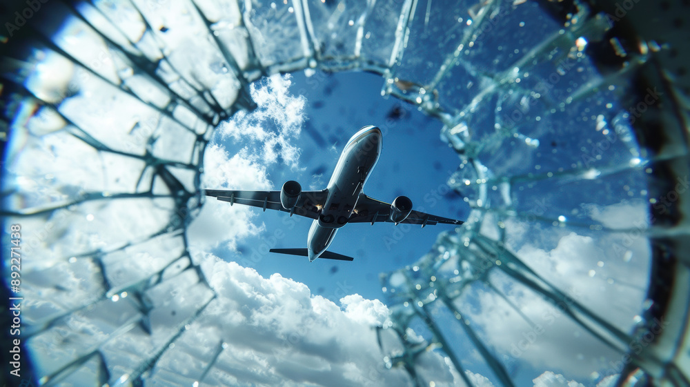 Captured mid-air through a shattered plane window, the aircraft's wings ...