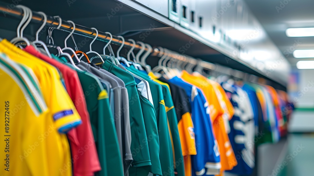 Colorful football jerseys hanging in a locker room. Concept of sports ...