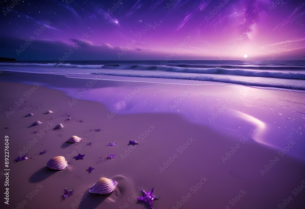 Abstract purple beach under a starry night sky, with glowing purple ...