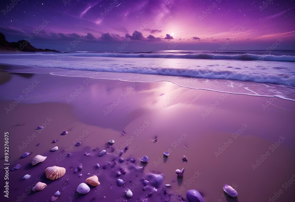 Abstract purple beach under a starry night sky, with glowing purple ...