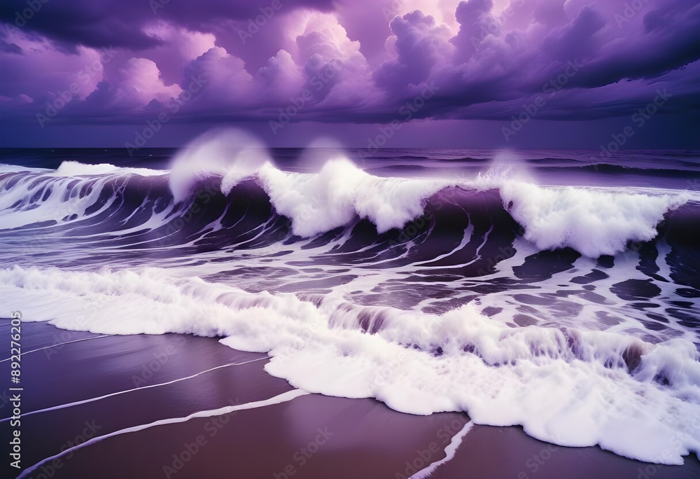 Purple beach with stormy waves crashing dramatically, dark purple ...