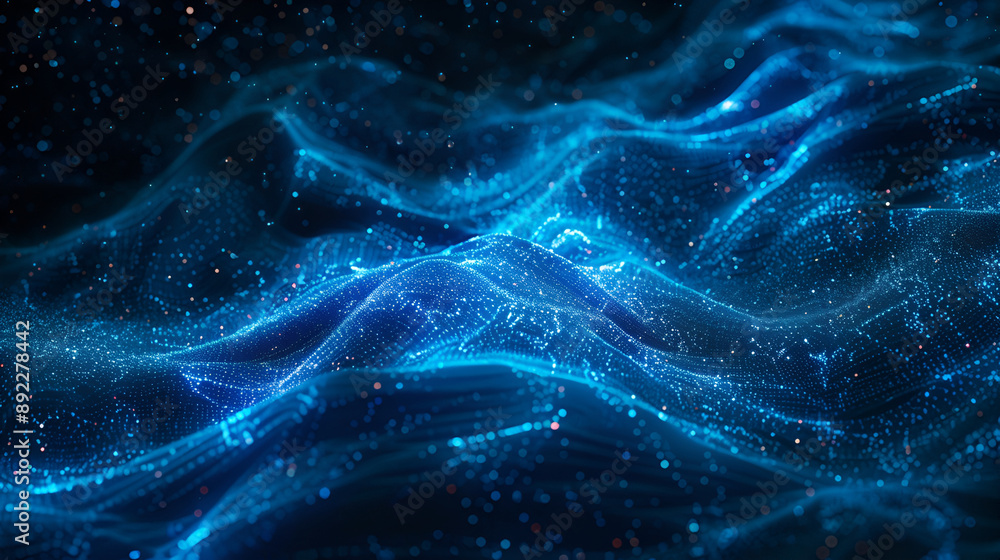 Abstract blue color digital particles wave with dark background ...