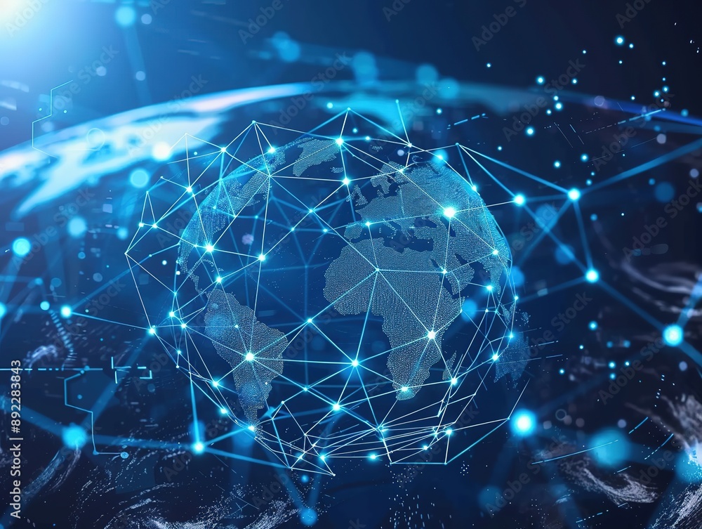 World map with global network and connectivity on a blue background ...