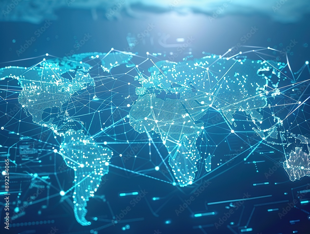 World map with global network and connectivity on a blue background ...