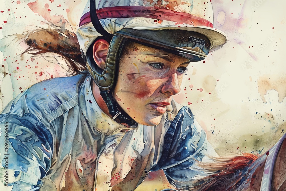 Watercolor art of a female jockey in a racing helmet and uniform ...