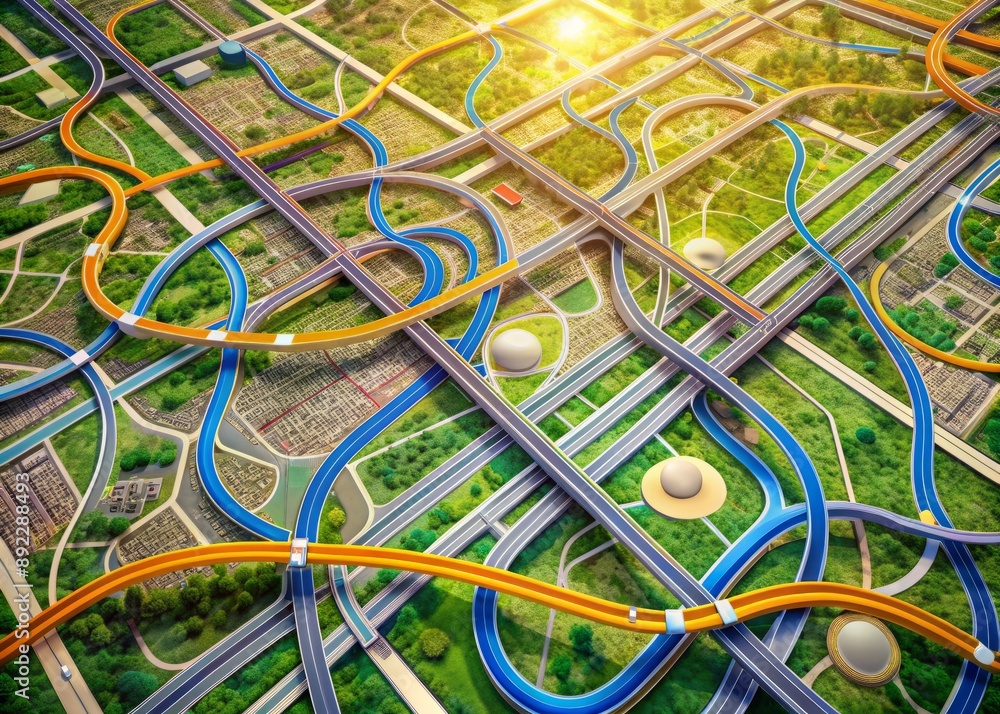 Unfurling roadmap with diverse routes and crossings symbolizes ...