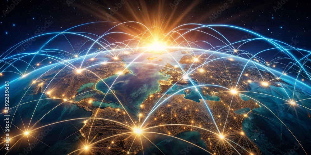 Glowing 5G wireless network nodes and fiber optic cables crisscross the ...