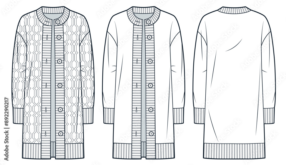 Knit Cardigan technical fashion illustration, cable pattern. Buttoned ...