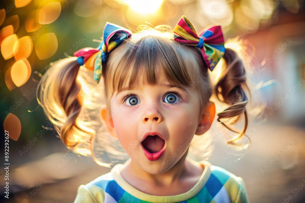 Wide-eyed and mouth agape, a young girl with pigtails and a bright bow ...