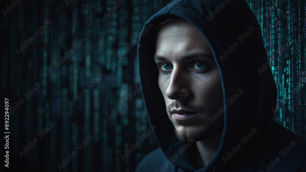 Professional portrait of hacker in black hoodie with swirling binary ...
