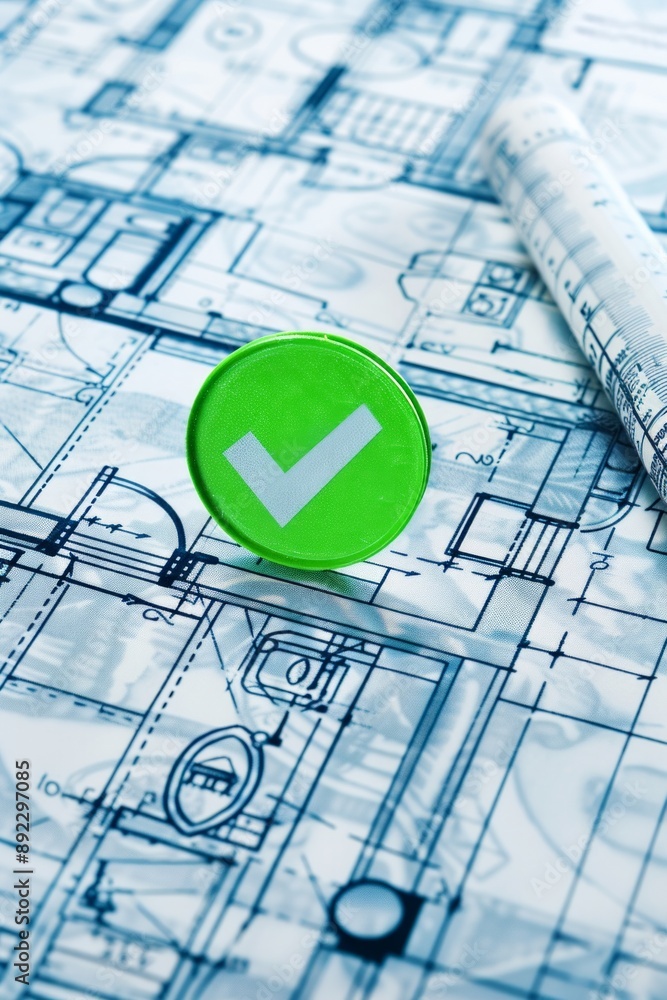 Approved Blueprint. A blueprint for a construction project with a green ...
