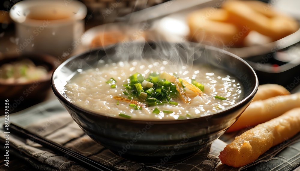 Steaming bowl of congee with scallions and side of fried dough. Stock ...