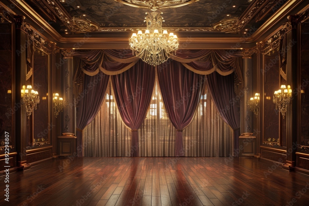 Luxurious Ballroom Stage. An elegant ballroom with a grand chandelier ...
