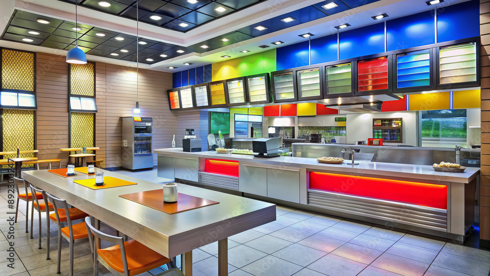 Brightly lit, modern fast food restaurant interior with sleek tables ...