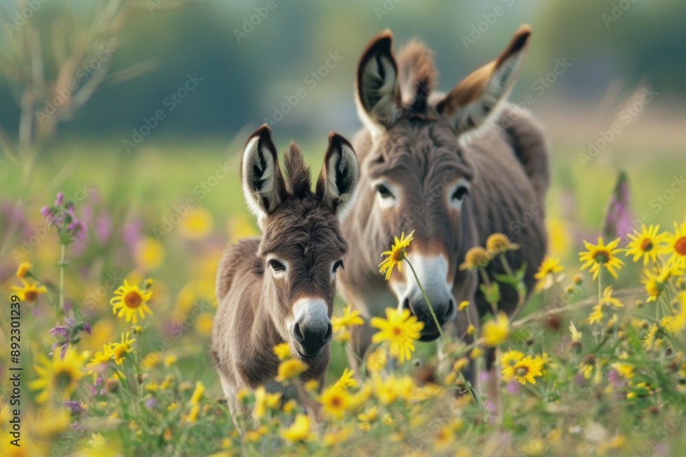 Baby Donkey. Cute baby donkey and mother on floral meadow Stock Photo ...