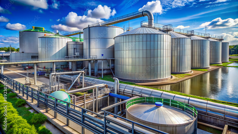 Modern waste management facility with large metal tanks and pipes ...