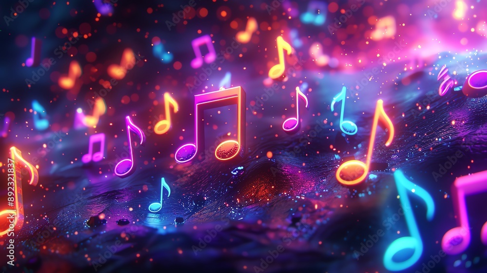 3D abstract background of floating musical notes and symbols in vibrant ...